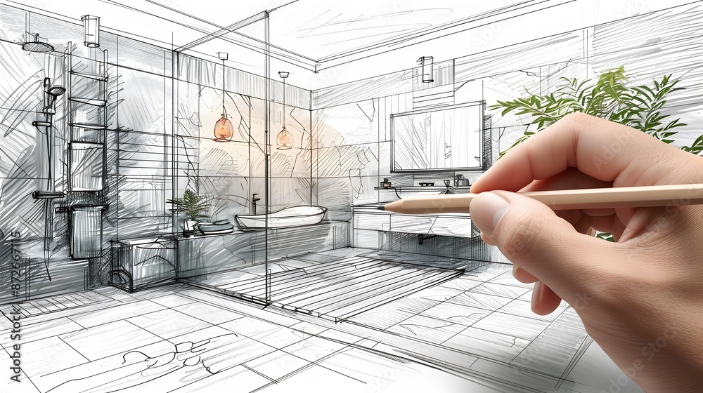 Hand sketching a modern bathroom design concept with a pencil. Blend of ...