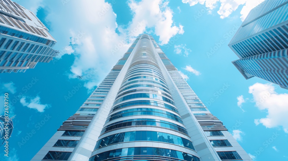 Sleek frosted glass facade of modern skyscraper, reflecting cloudy sky ...