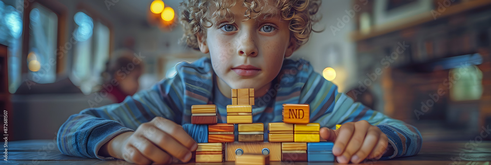 Child Learning and Development: Little Boy Building a Tower with Wooden ...