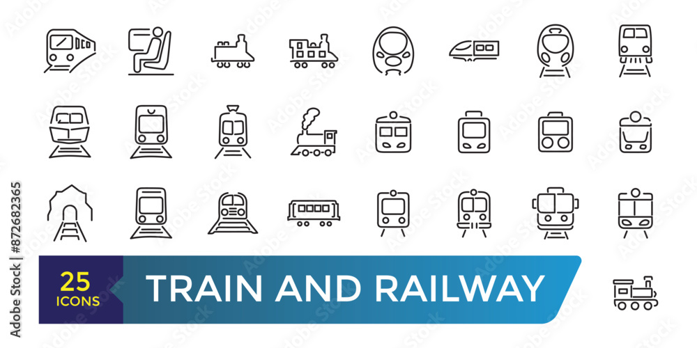 Set of train and railway Icons. Collection and pack of linear web and ...