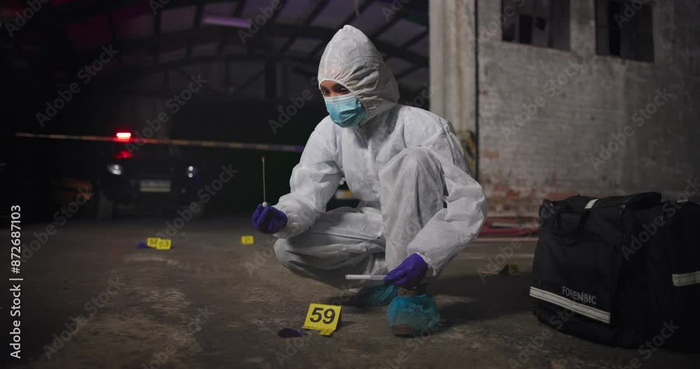 Road, crime scene and person with evidence search for investigation ...