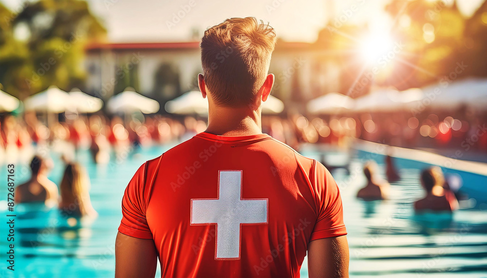 Close-up and back view of a male lifeguard dressed in red uniform ...