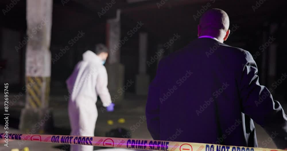 Crime scene, tape and police in garage with evidence, lights and ...