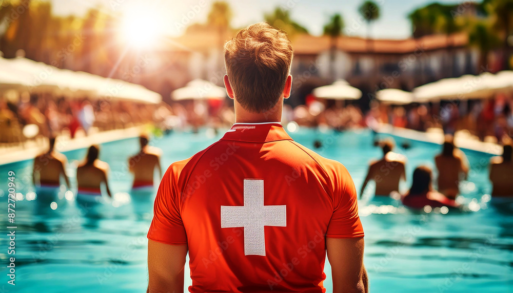 Close-up and back view of a male lifeguard dressed in red uniform ...
