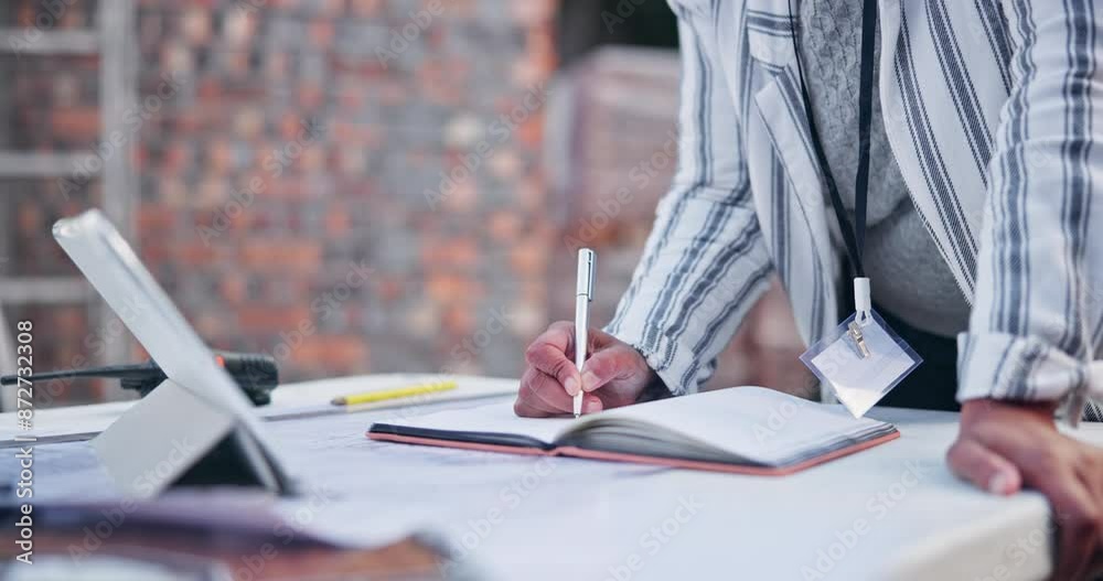 Writing, hands and notebook on construction site for plan, checklist ...
