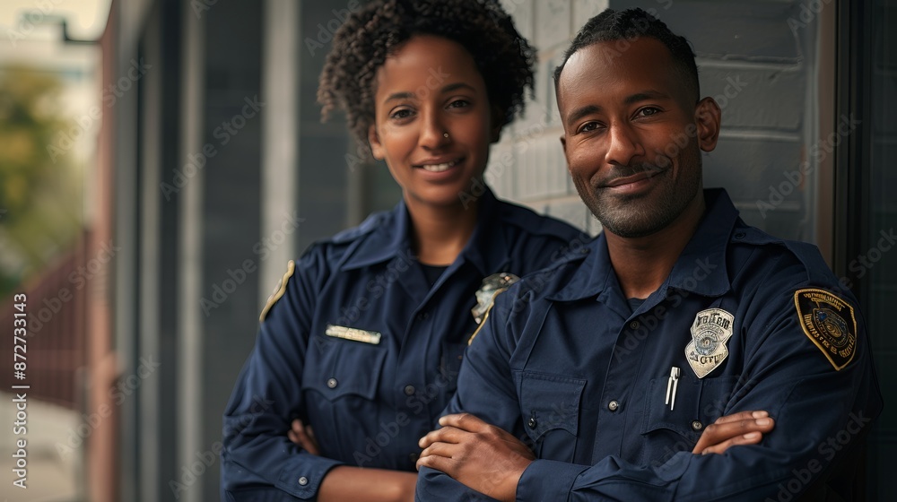 Portrait of two smiling police officers in uniform standing outdoors ...