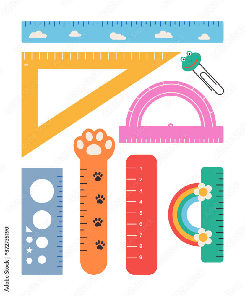 Set of vector cute school rulers. Collection of school supplies ...