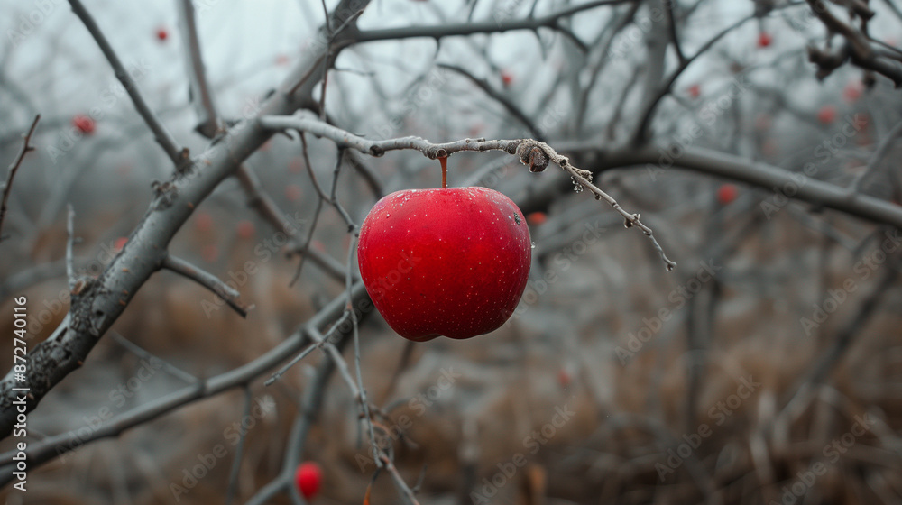A Single Red Apple on a Branch in a Barren Orchard. This image captures ...