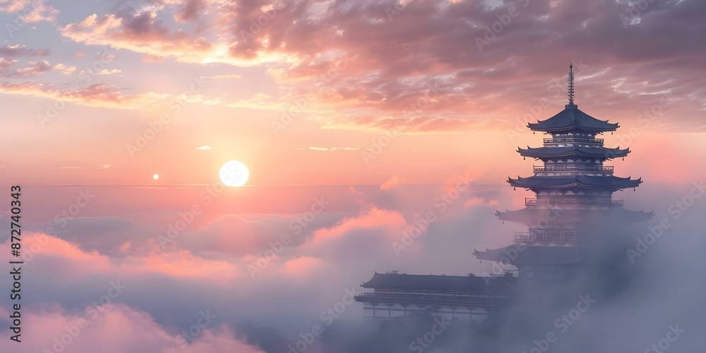 Artistic Representation of a Feudal Japanese Castle at Sunset Symbol of ...