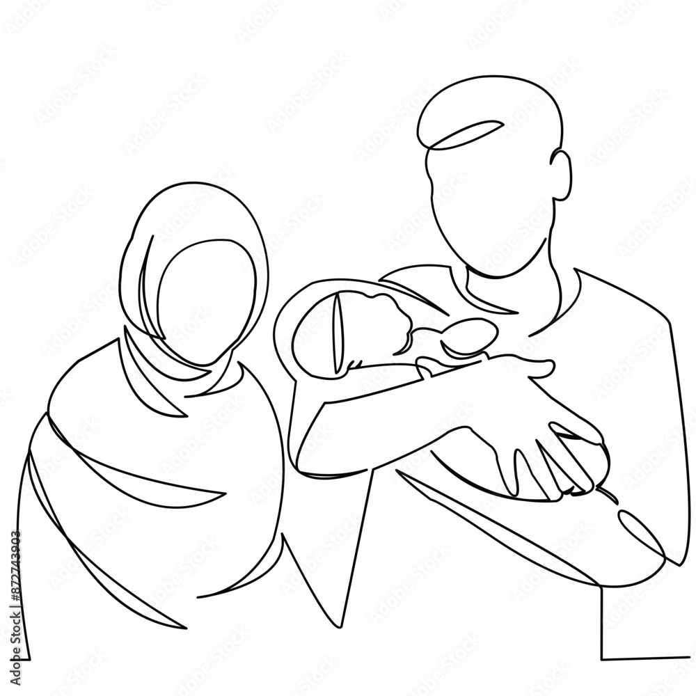 continuous single drawn one-line Muslim family with newborn on hand ...