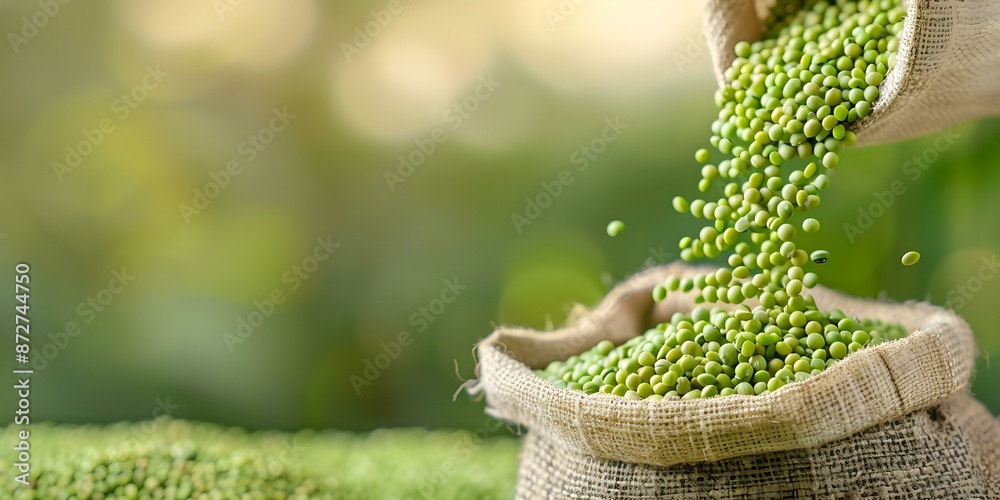 Pouring green moong dal (Vigna radiata) into a sack. Concept ...