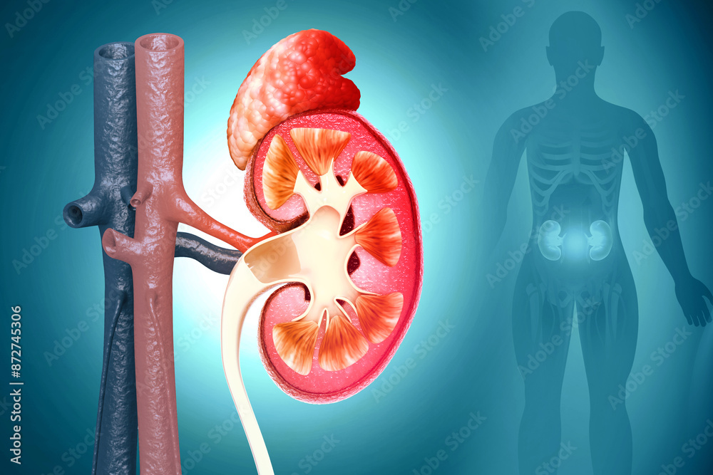 Human kidney medical diagram with a cross section, inner organ with ...