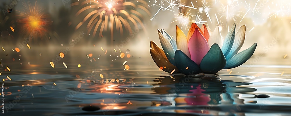 A creative depiction of a tricolor lotus flower floating on serene ...