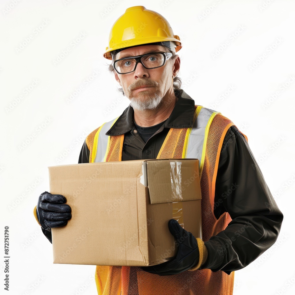 Warehouse manager holding a package, checking for damage, wearing ...