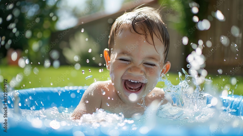 Highly detailed image of a toddler laughing while splashing water in a ...