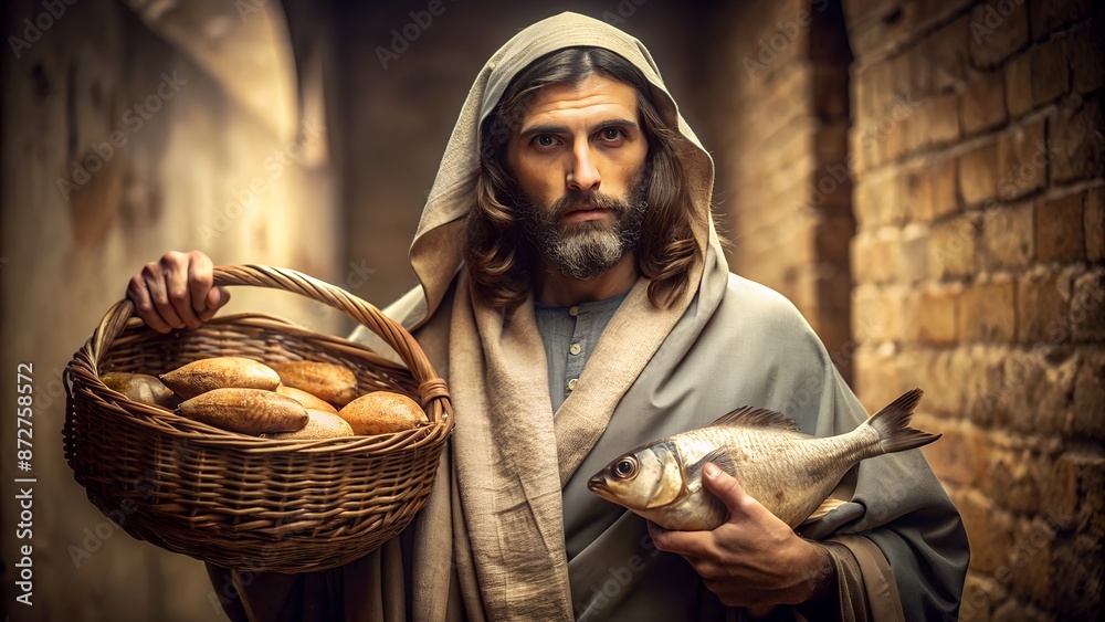 Jesus Holding a Basket with Fish and Bread: Biblical Artwork of the ...