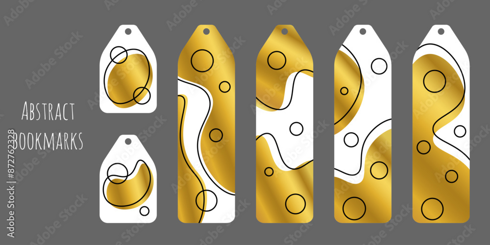 Vertical white bookmarks set with abstract gold gradients spots and ...