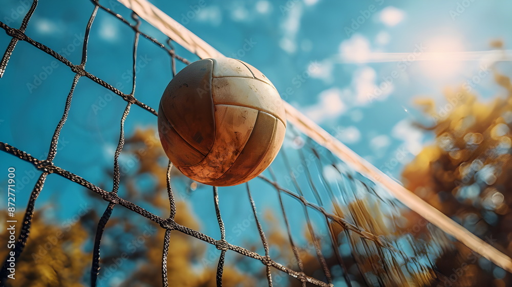 An ultra-realistic photograph of a volleyball mid-air, captured just ...