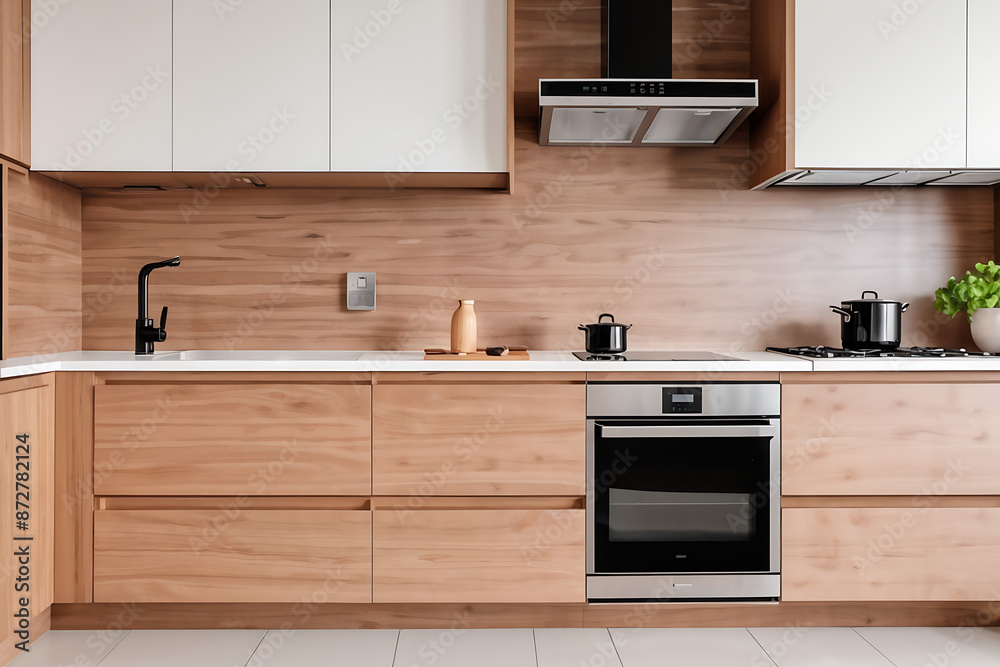 Minimalist wood kitchen set with white counter top, and ceramic ...