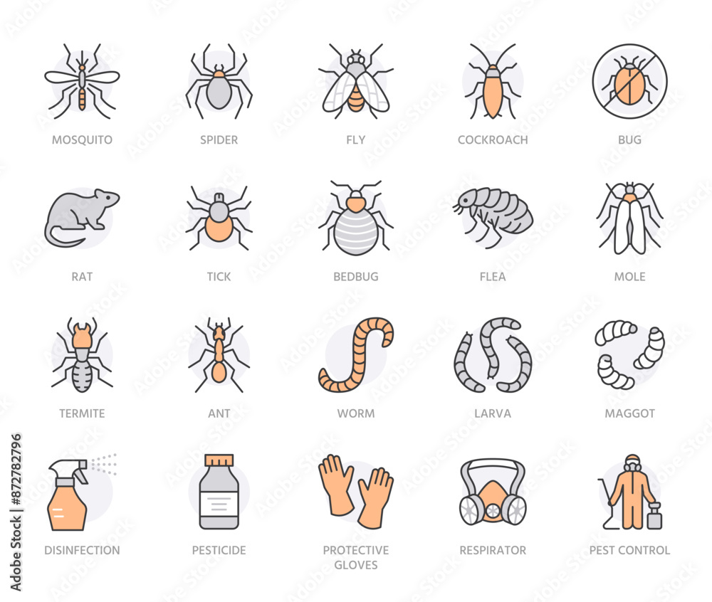 Pest control flat line icons set. Mosquito, spider, fly, cockroach, rat ...