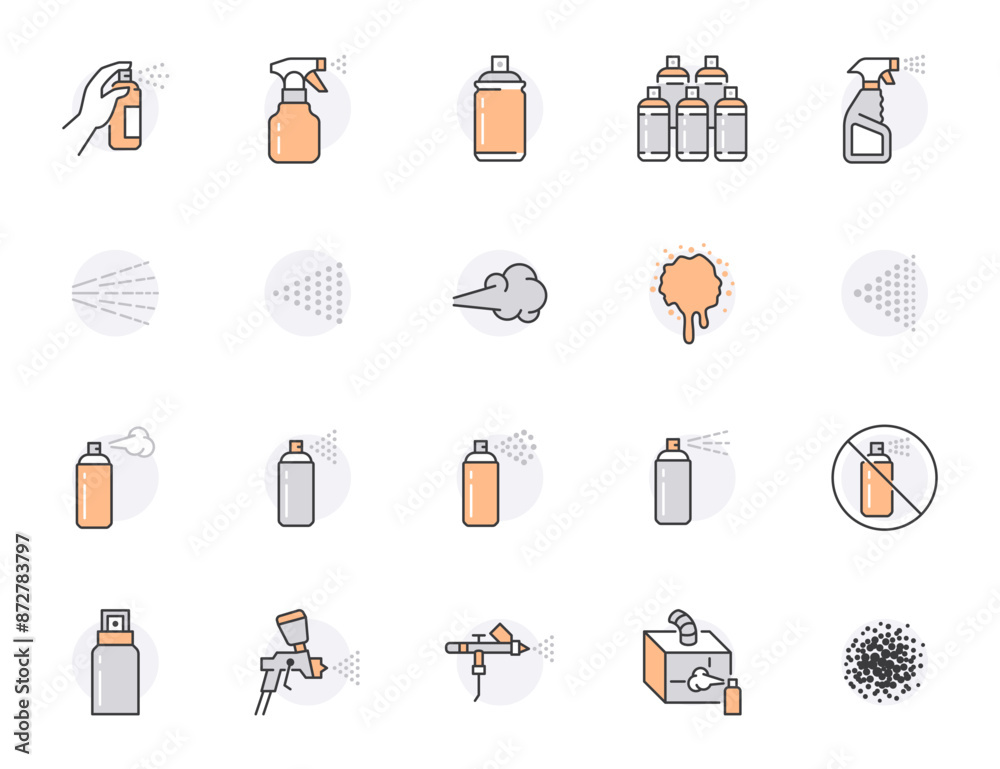 Spray can flat line icons set. Hand with aerosol, airbrush, powder ...