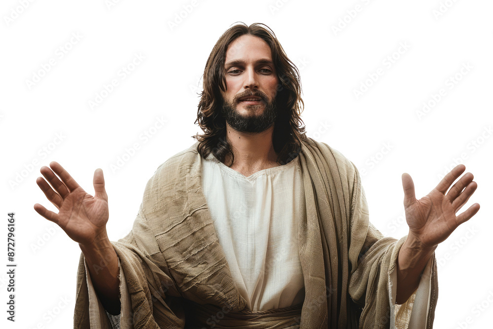 Portrait of Jesus Christ with open arms, wearing traditional robes ...