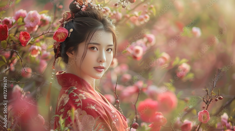 Woman in traditional Hanfu attire posing in a garden filled with ...