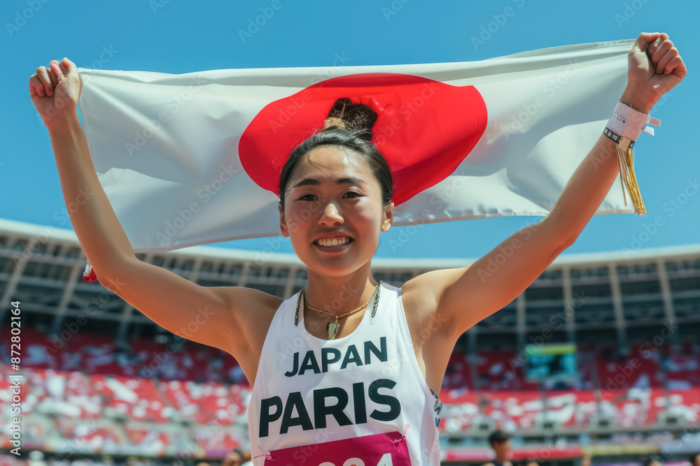 Japanese Olympian Celebrates with National Flag at Paris 2024. A young ...