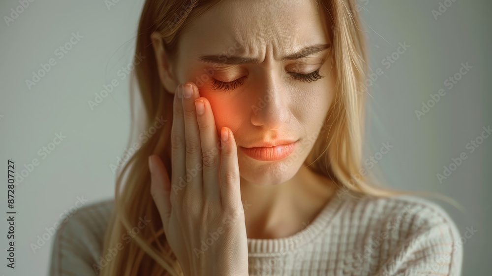 Woman in pain suffering toothache touching face, girl sad face pain ...