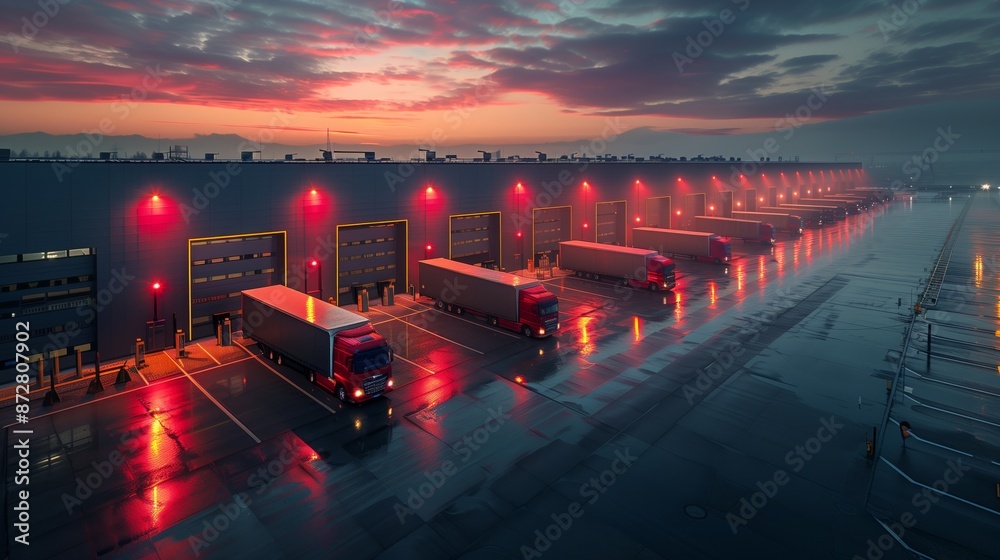 Trucks Docking at Warehouse during Sunset. Rows of trucks docked at a ...