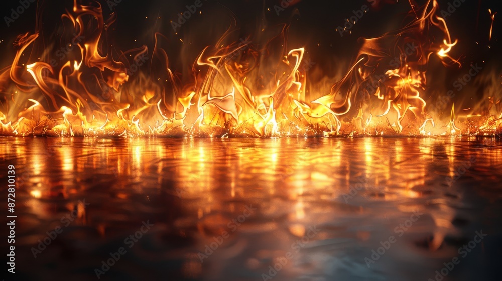 An expansive field of fire spans across the image, illuminating and ...