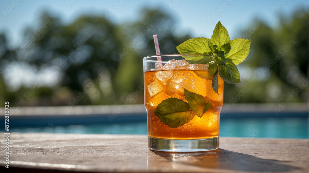 frosty glass of iced tea with mint leaves, placed on the edge of a ...