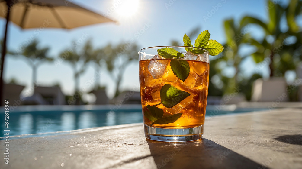 frosty glass of iced tea with mint leaves, placed on the edge of a ...
