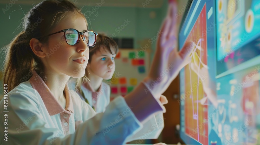 High school student using smart board with her teacher in the classroom ...