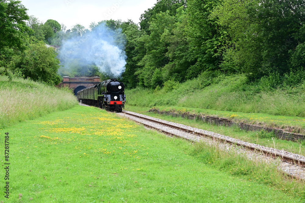 Battle of Britain class locomotive pulling a passenger train out of a ...