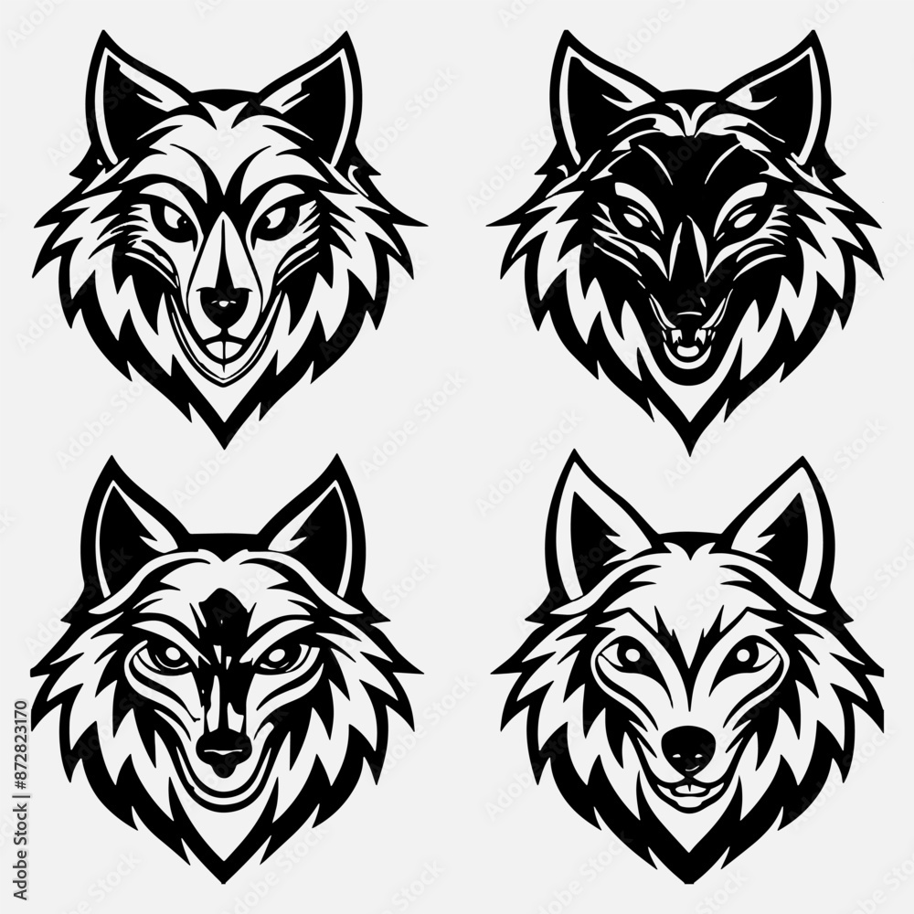 Set of angry wolf Mascot different angry expressions silhouetee, Coyote ...