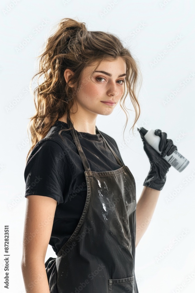 Hair stylist applying a finishing spray to styled hair, wearing an ...
