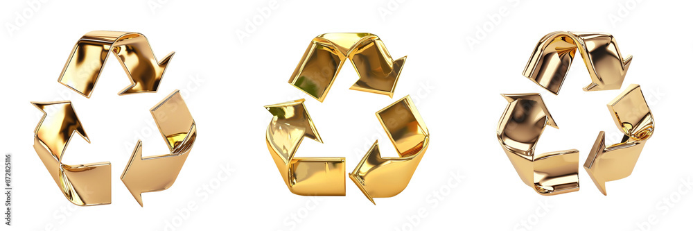 Set of A golden recycling symbol highly detailed on a transparent ...