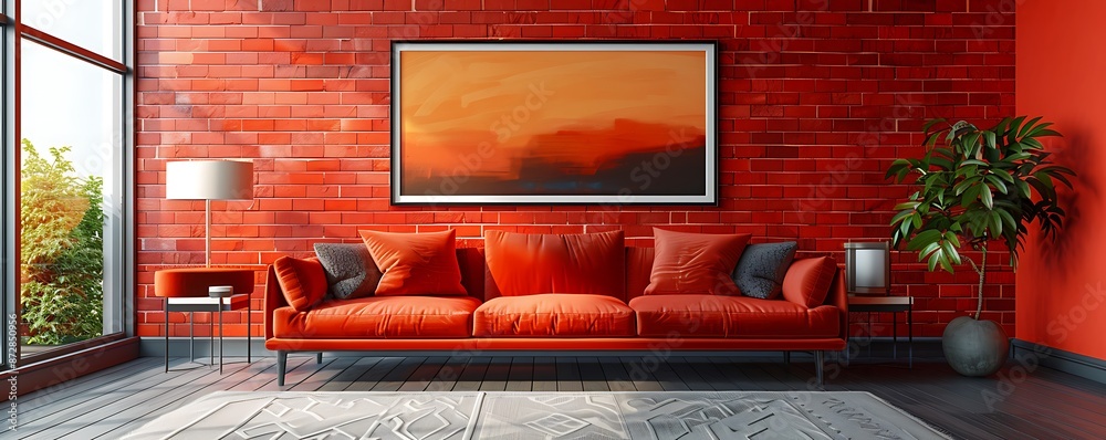 Red-orange toned modern living room with a striking red brick wall ...