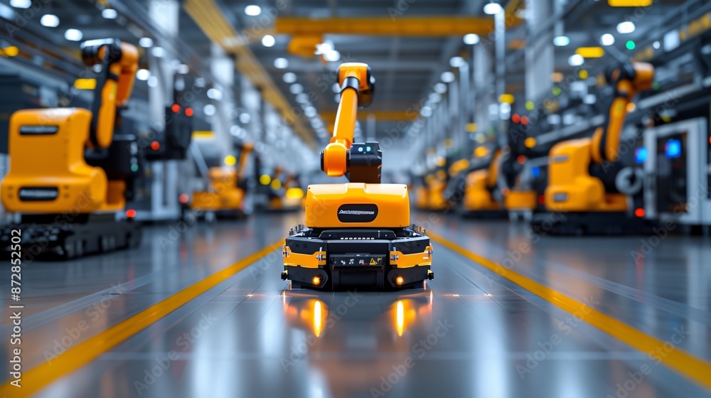 Panoramic view of a futuristic production facility, with robotic ...