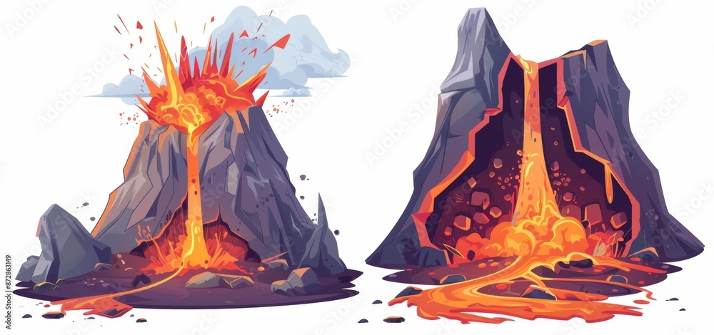 Model of volcanic mountain eruption cross-section, earth crust ...