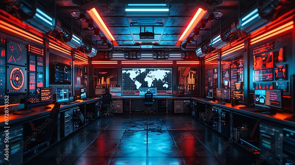 Military control room with infographic, radar, and world map Stock ...