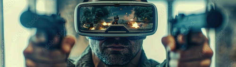 Realistic VR battlefield, tactical VR headset, immersive war simulation ...