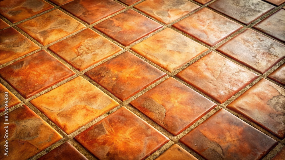 Warmly lit, rustic, earthen-toned terracotta floor square tile ...