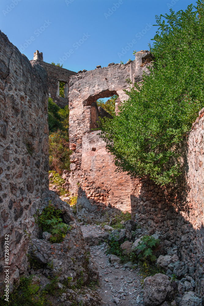 Fethiye Kayaköy stone houses and ruins. Mugla, Turkey. Kayakoy ghost ...