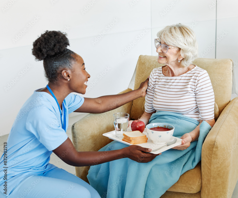 nurse senior woman home care patient elderly lunch caregiver meal food ...