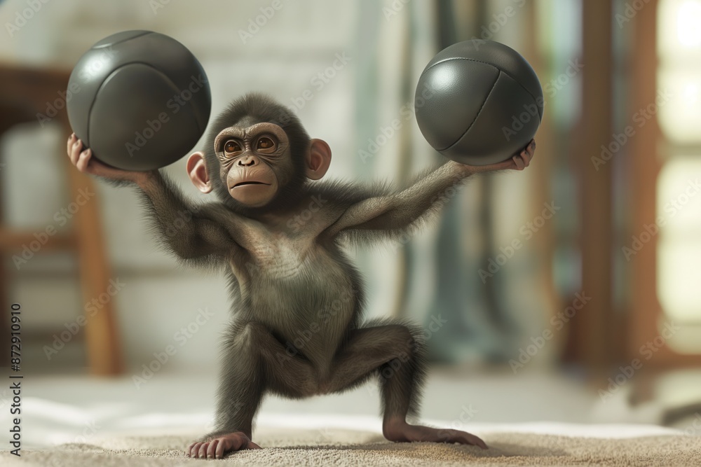 Monkey stands on hind legs holding black balls, facing right with open ...