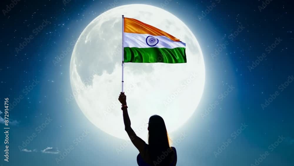 Silhouette of a woman holding the Indian flag, tricolour, tiranga ...