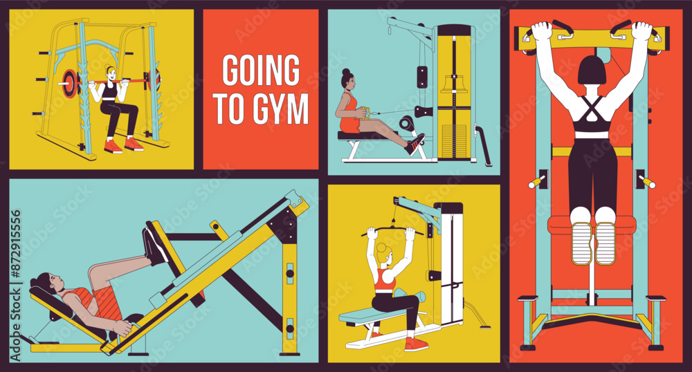 Sportswomen on gym equipment bento grid illustration set. Abs workout ...