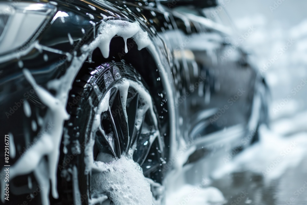 Black car exterior covered in foam soap bubbles after washing on wet ...